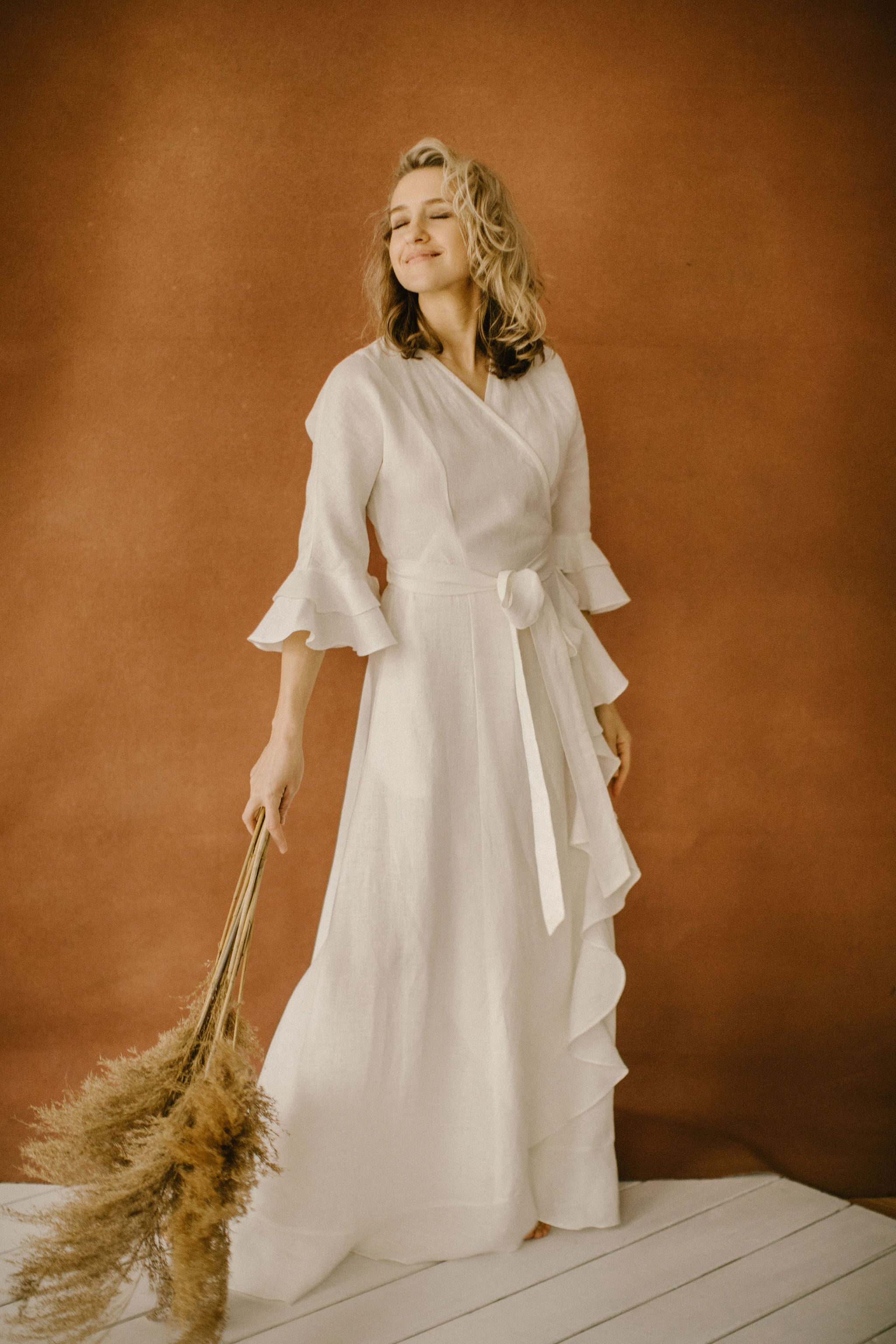 Wrap Around Linen Wedding Dress. Handcrafted. World Wide Shipping.