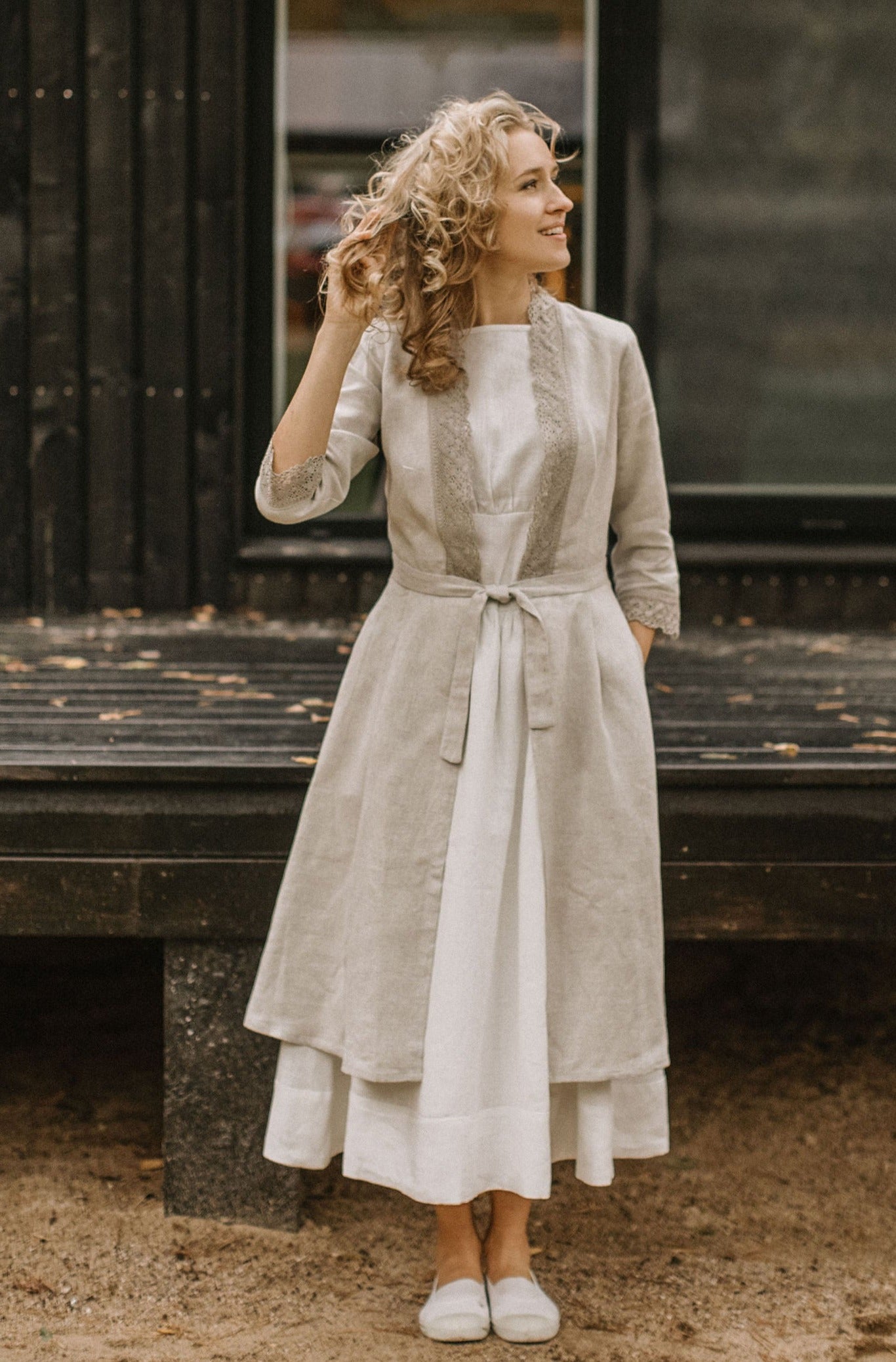 Linen Wedding Dress Coat With Lace. Handcrafted by Linen Wedding Dress.