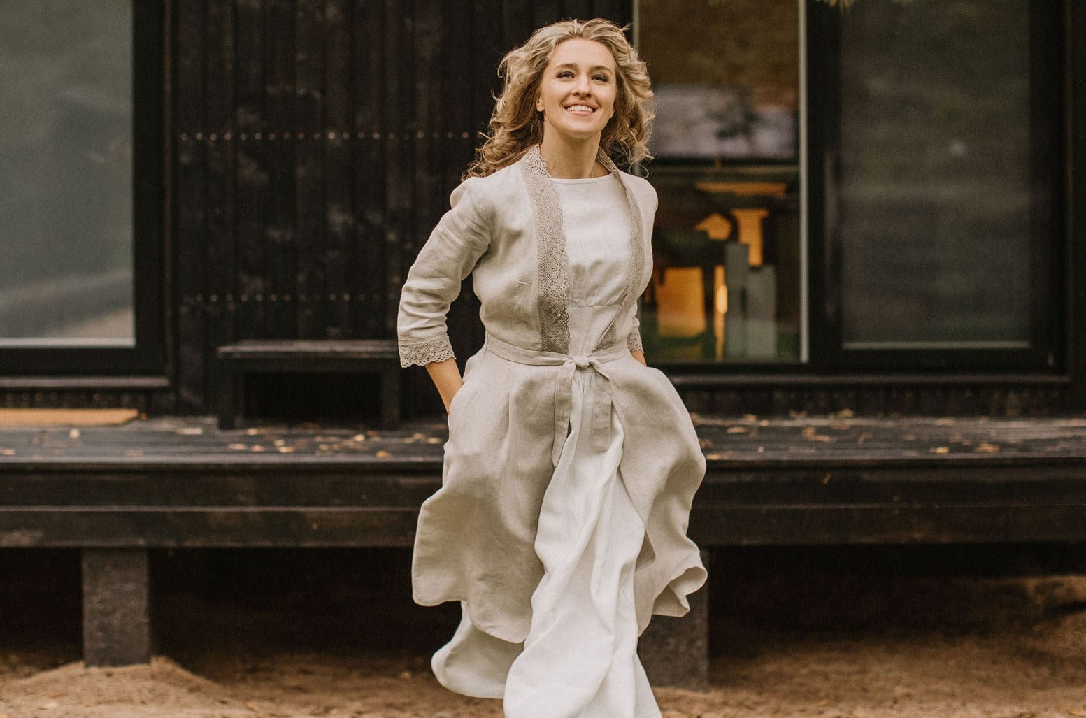 Linen Wedding Dress Coat With Lace. Handcrafted by Linen Wedding Dress.